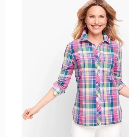 Talbots | Tops | Talbots Pink Blue Madras Plaid Buttondown Cotton Blouse Sz 2x Nwt | Poshmark